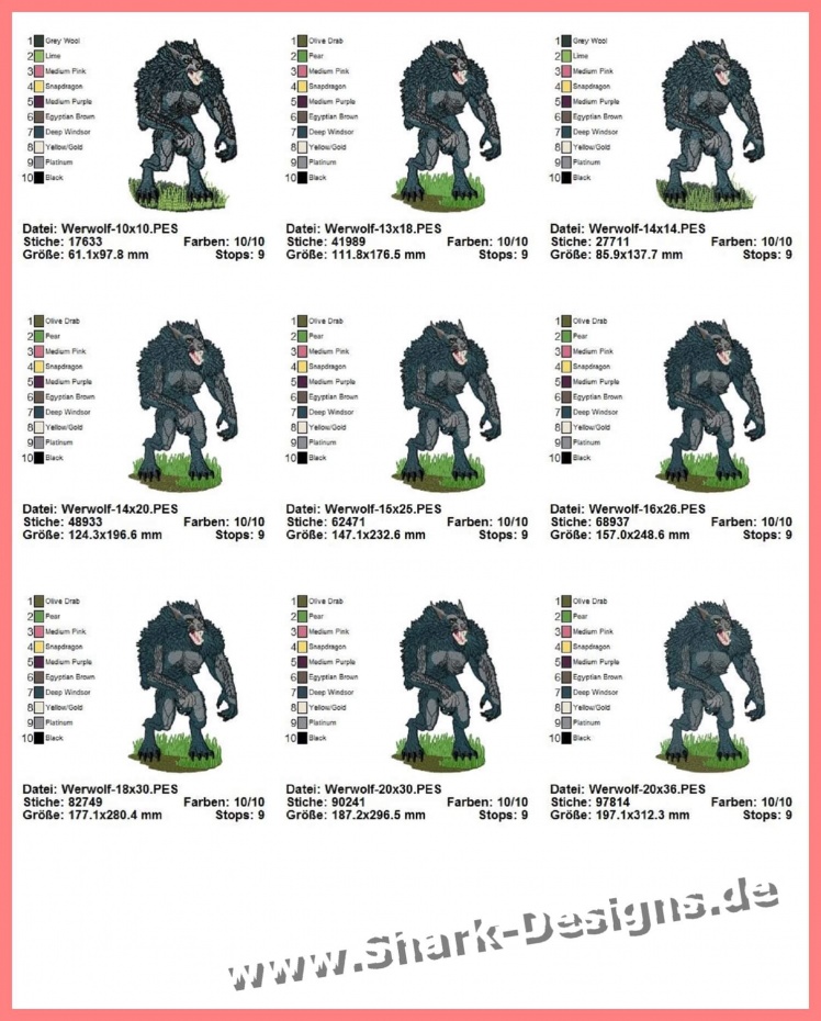 Embroidery file werewolf in 9 spooky sizes