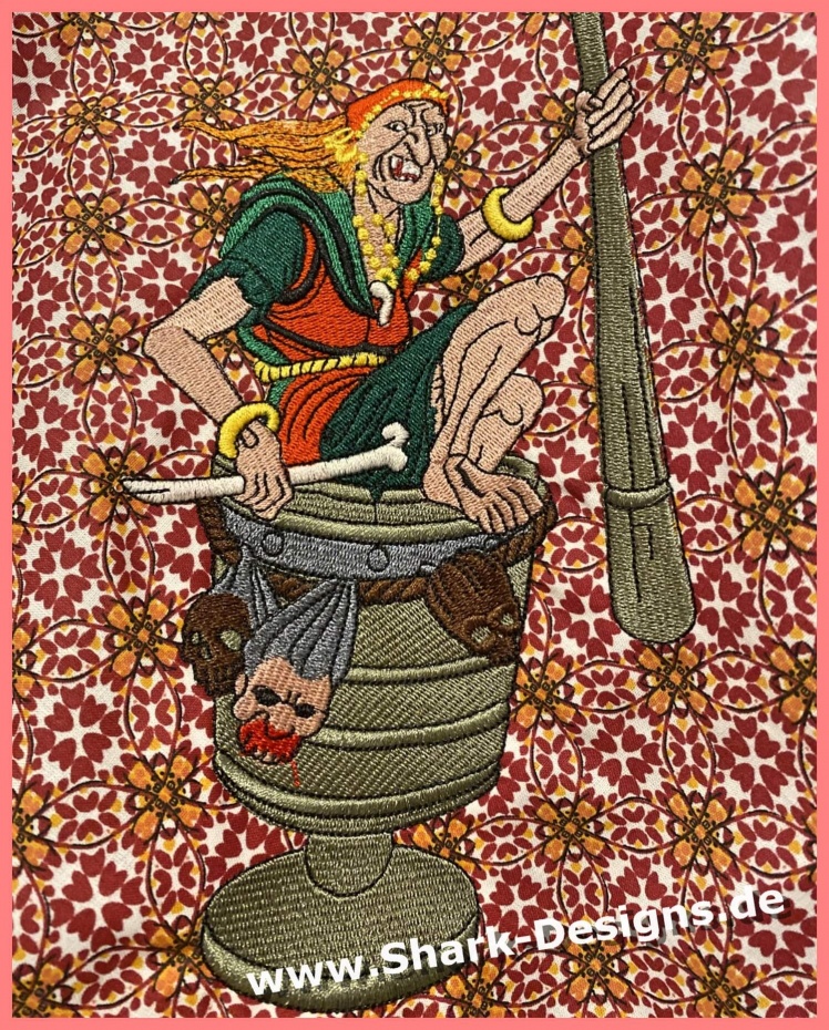 Embroidery file Baba Yaga in 6 cheerful sizes