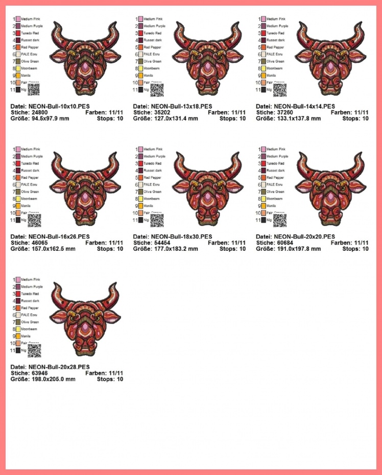 NEON Bull, the slightly different embroidery motif in 7 sizes