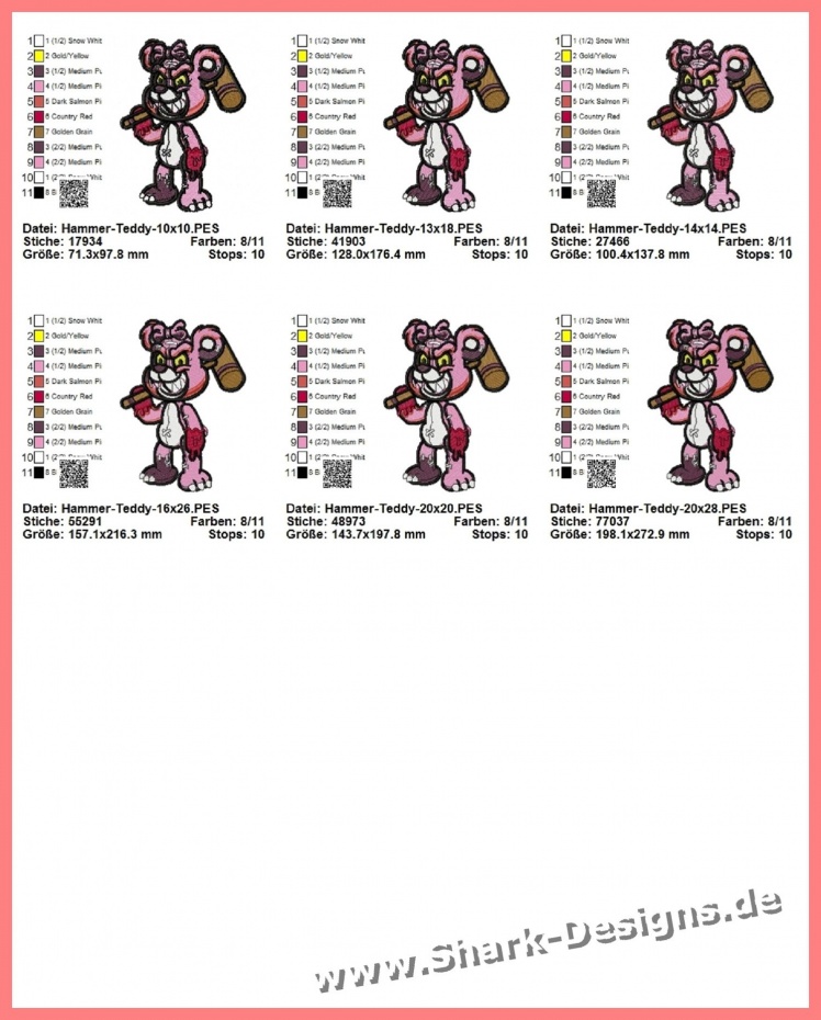 Embroidery file Hammer Teddy in 6 friendly sizes