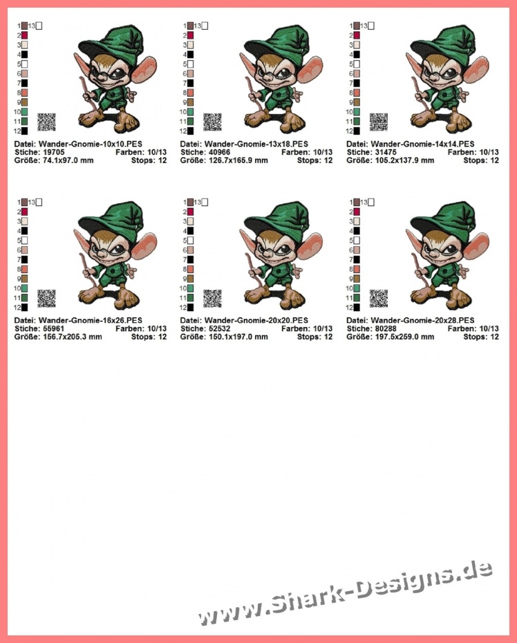 Embroidery file walking gnomy in 6 mischievous sizes