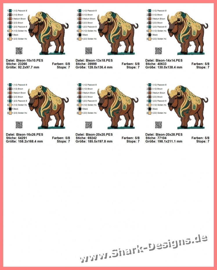 Embroidery file bison in 6 powerful sizes