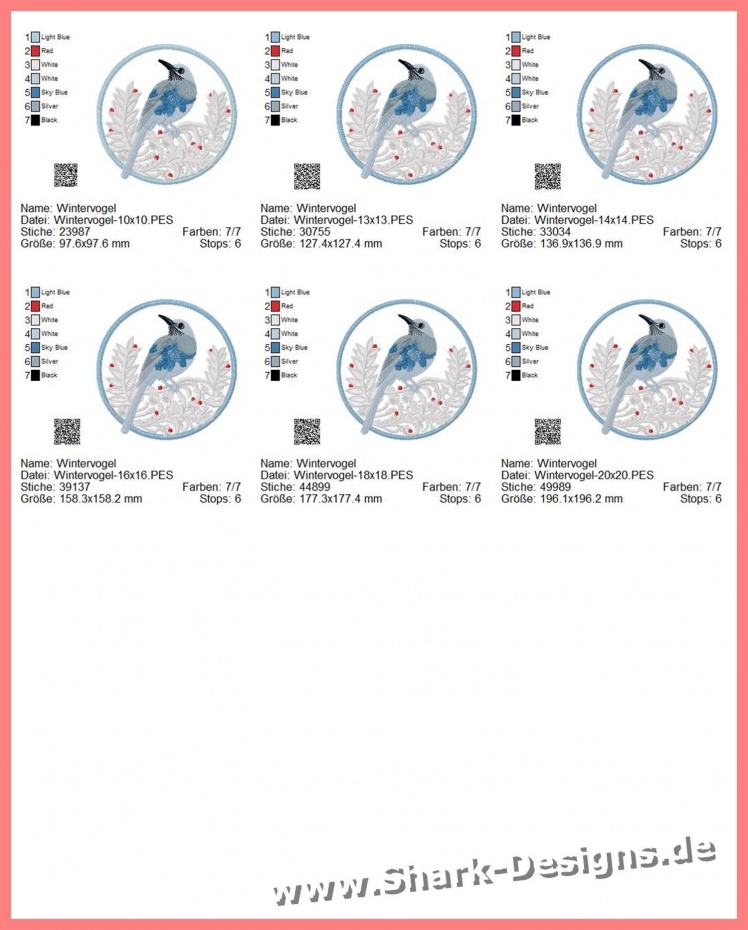 Winter bird embroidery file in 6 wonderful sizes