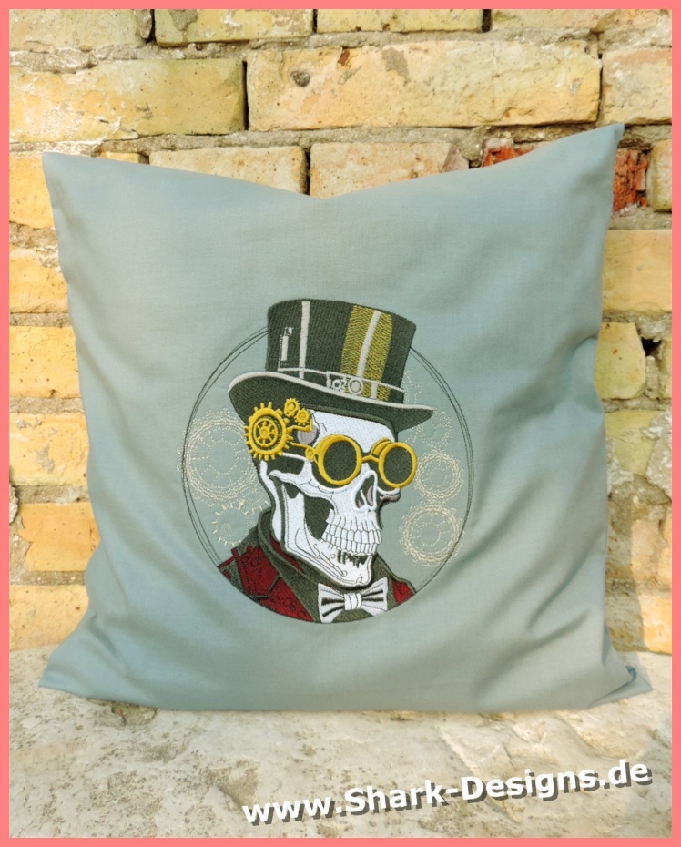 Steampunk skull embroidery file in 6 eye-catching sizes