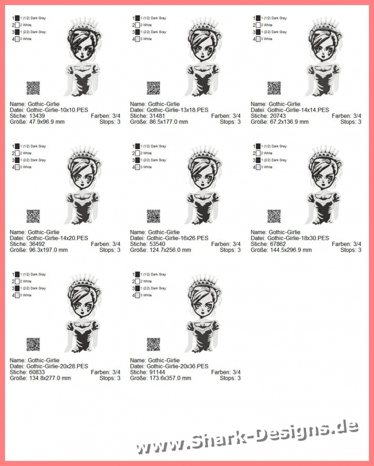 Gothic Girl embroidery file in 8 simple sizes