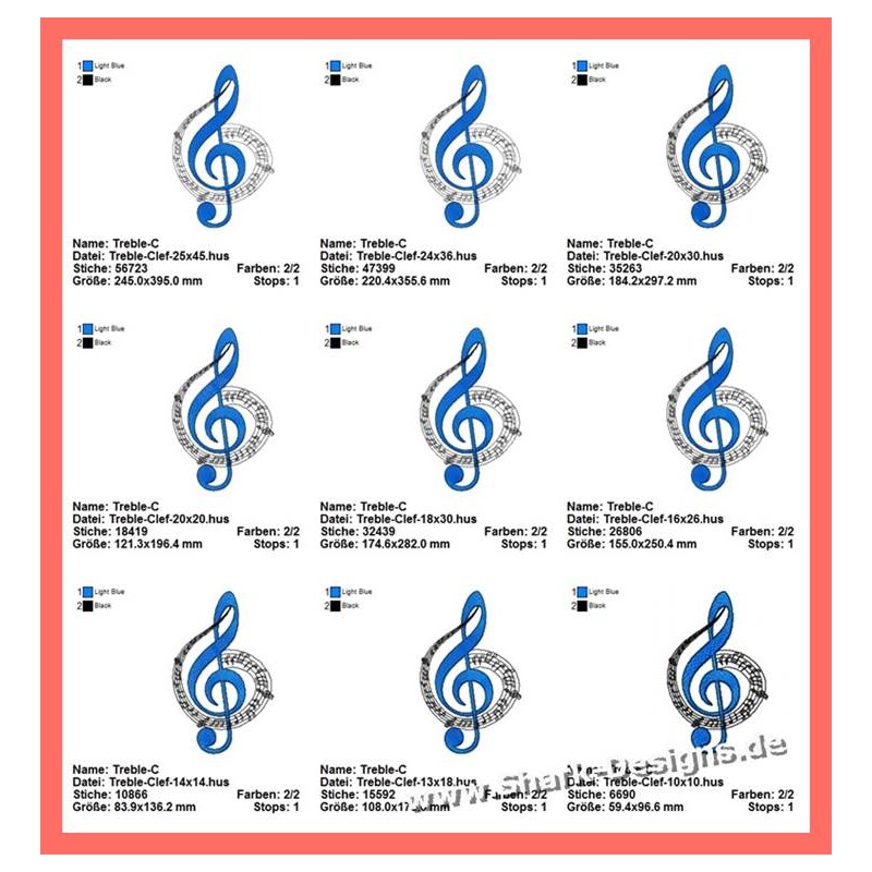 Embroidery Treble Clef in 9 Sizes, Music Embroidery - Shark-Designs