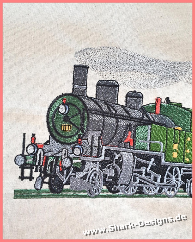 Embroidery file train, an antique train in 7 realistic hoop sizes