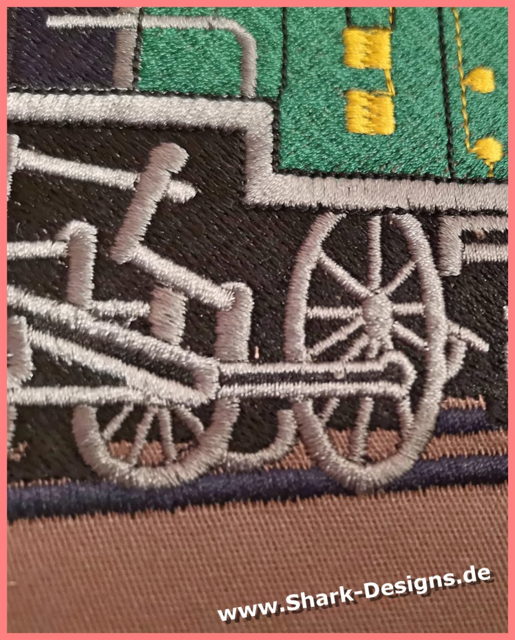 Embroidery file train, an antique train in 7 realistic hoop sizes